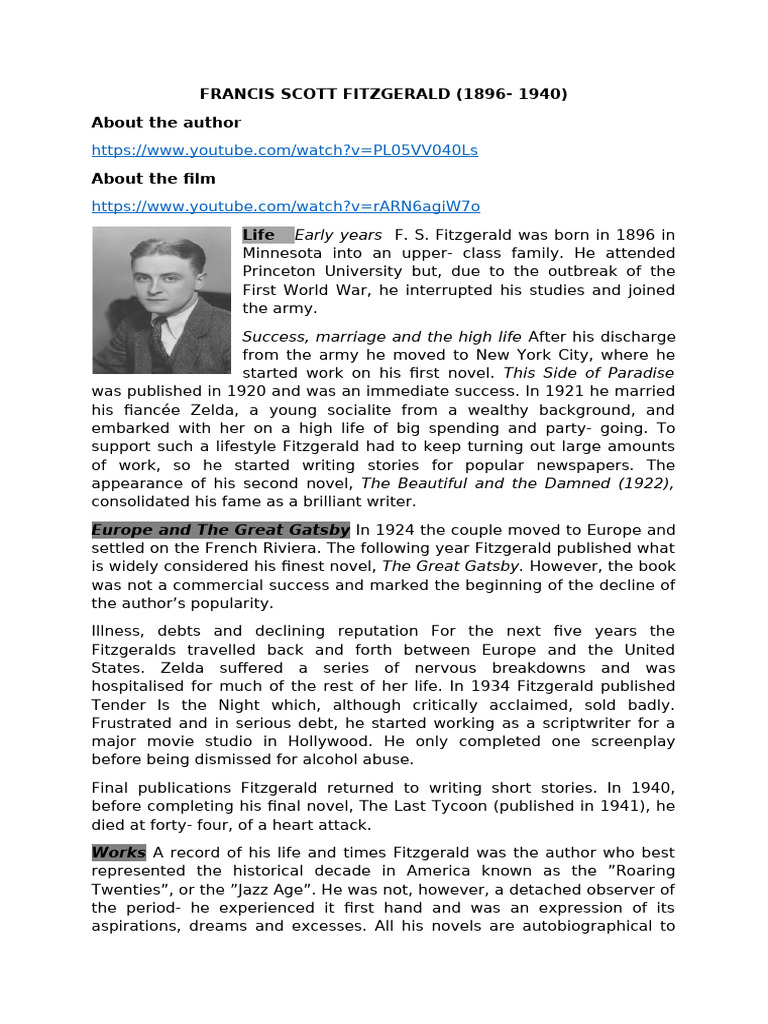 F S Fitzgerald The Great Gatsby | PDF