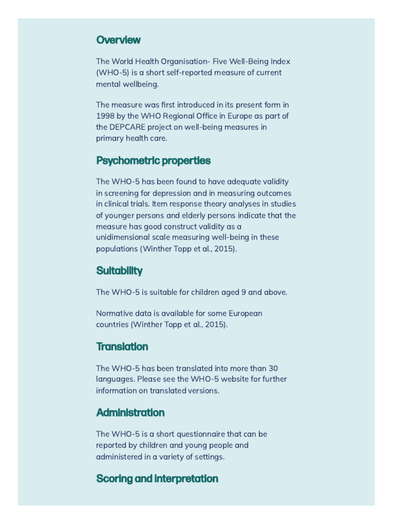 The World Health Organisation - Five Well-Being Index (WHO-5) | PDF