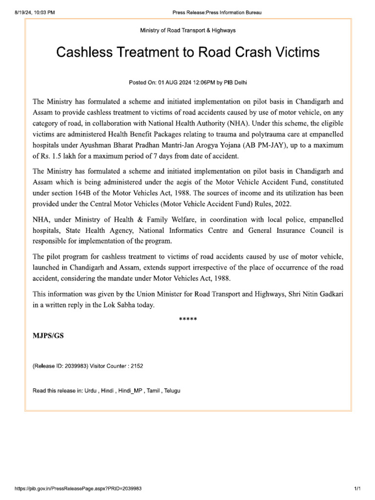 Press Release On Cashless Treatment | PDF