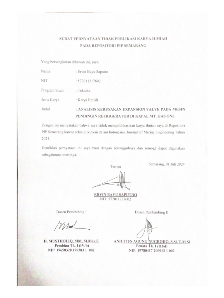 Surat Pernyataan Tidak Publikasi Karya Ilmiah | PDF