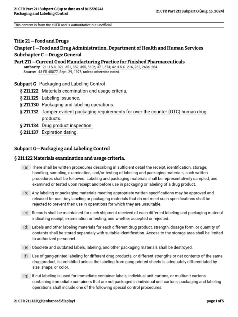 21 CFR Part 211 Subpart G | PDF | Packaging And Labeling | Food And ...