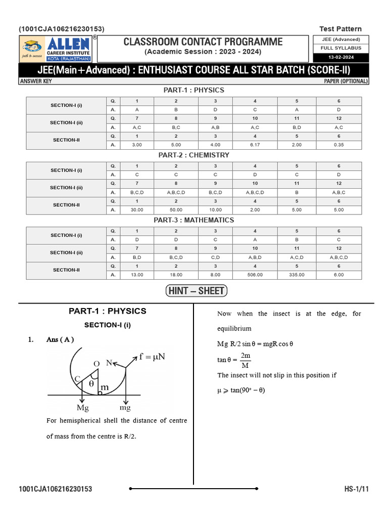 1302 Enthusiast Course All Star Batch Score Ii Answerkey And Solution Pdf