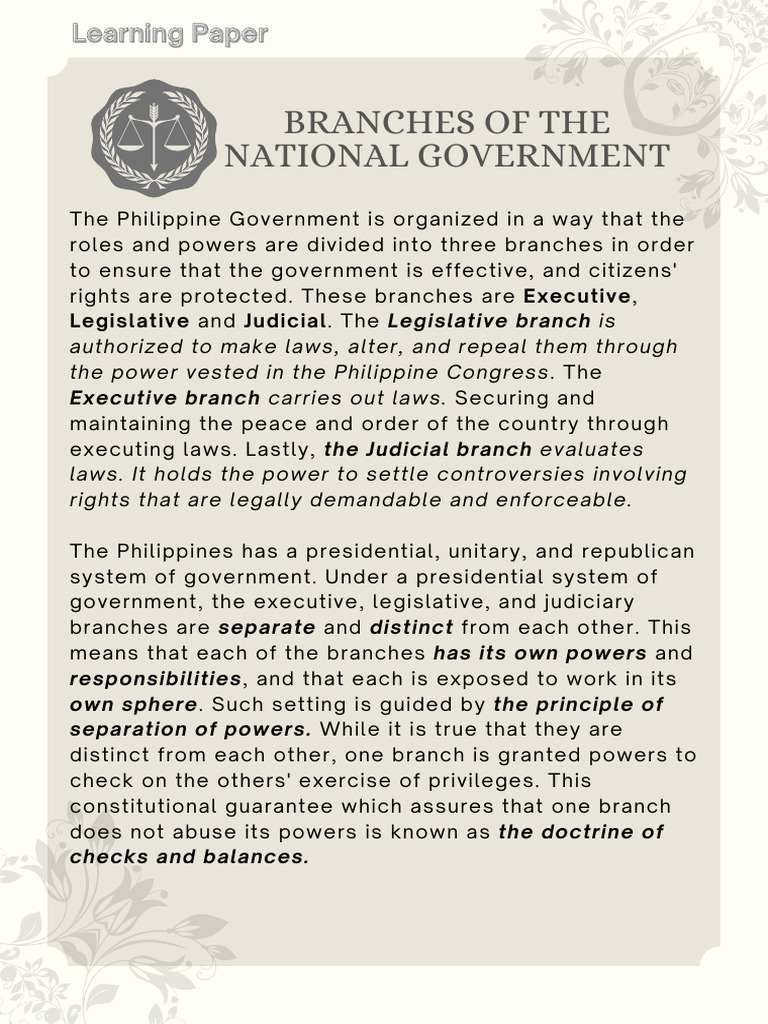 Branches of the NATIONAL Government | PDF