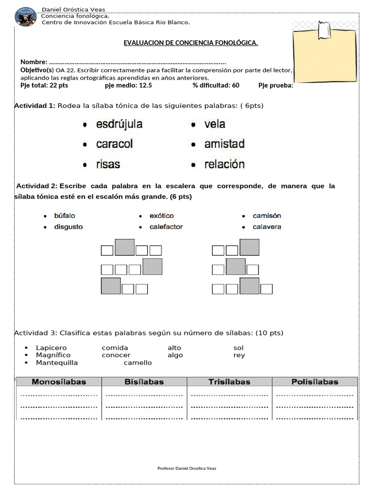 Evaluación 2 Baásico COnciencia Fonológica. | PDF