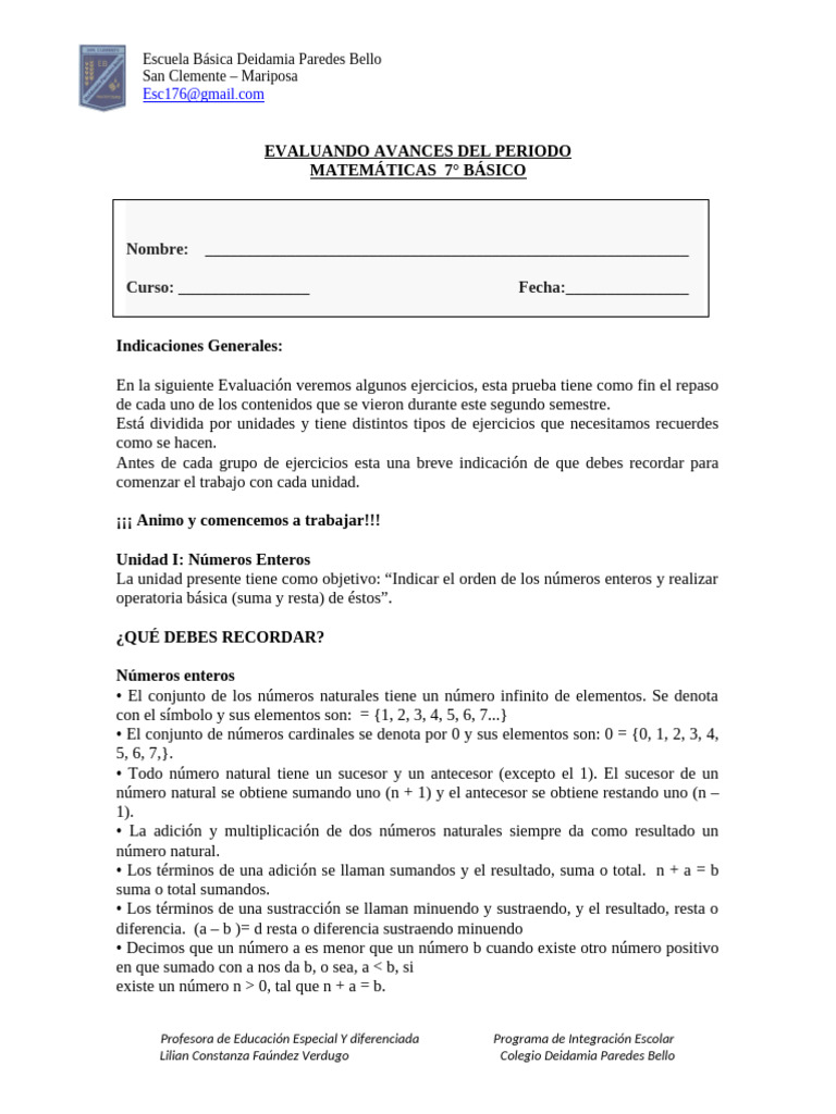 Prueba Matematica Lista 7° Básico | PDF