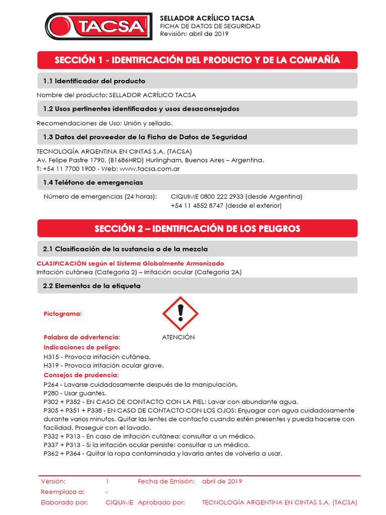 FDS Sellador Acrilico Tacsa | PDF