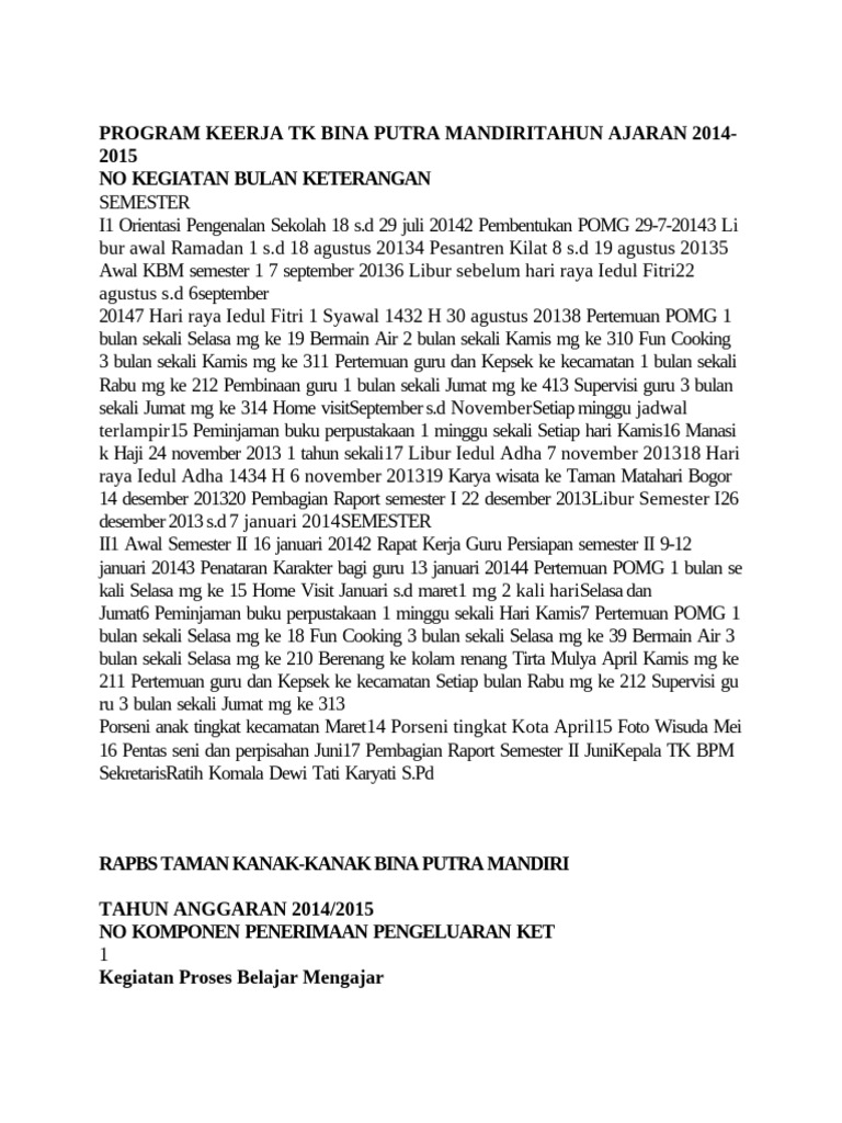 Program Keerja TK Bina Putra Mandiritahun Ajaran 2014 | PDF