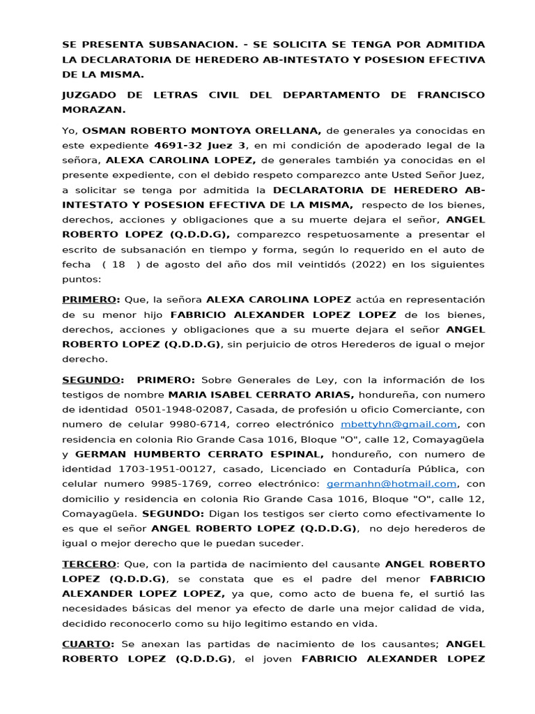 Se Presenta Subsanacion. - Se Solicita Se Tenga Por Admitida La Declaratoria de Heredero Ab ...