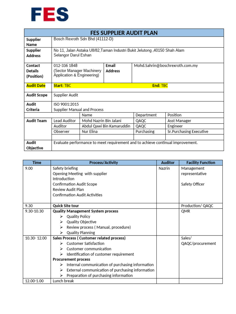 Supplier Audit Plan Rexroth 2024 | PDF