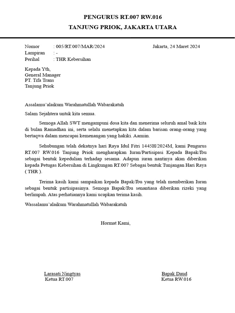 Surat THR Kebersihan | PDF