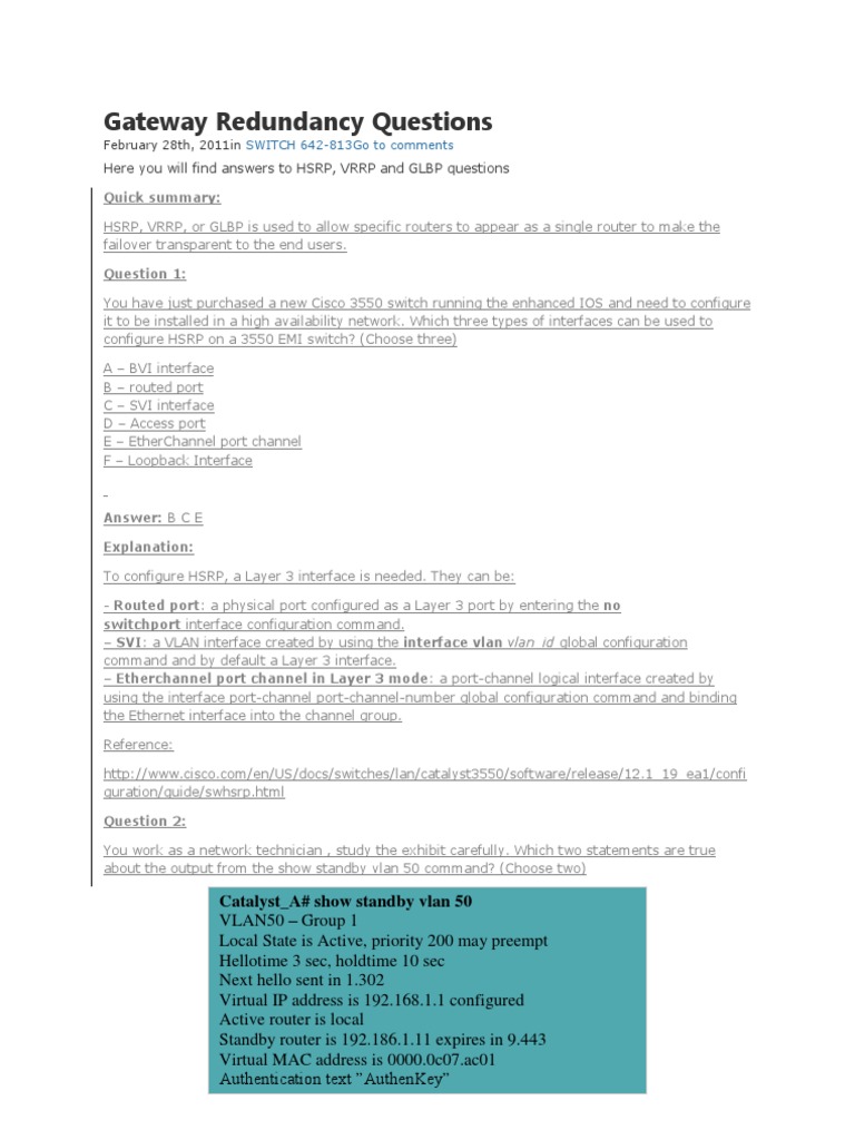 Gateway Redundancy Questions | PDF | Router (Computing) | Network ...