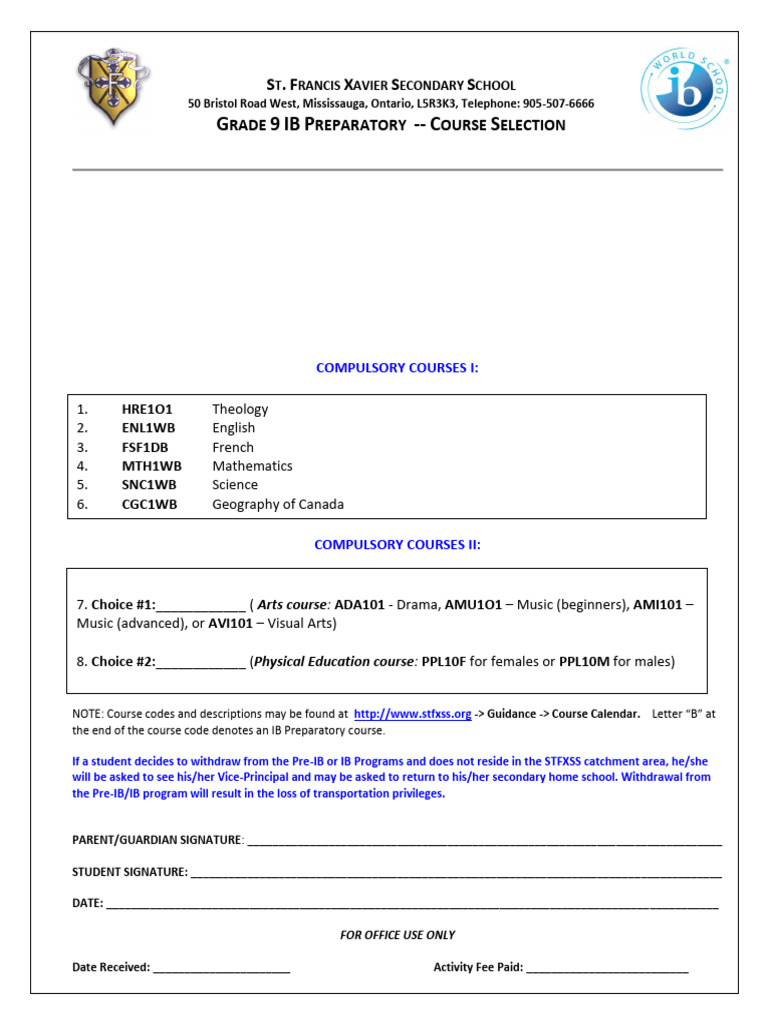 STFXSS - Grade 9 Pre-IB Course Selection - Fillable | PDF