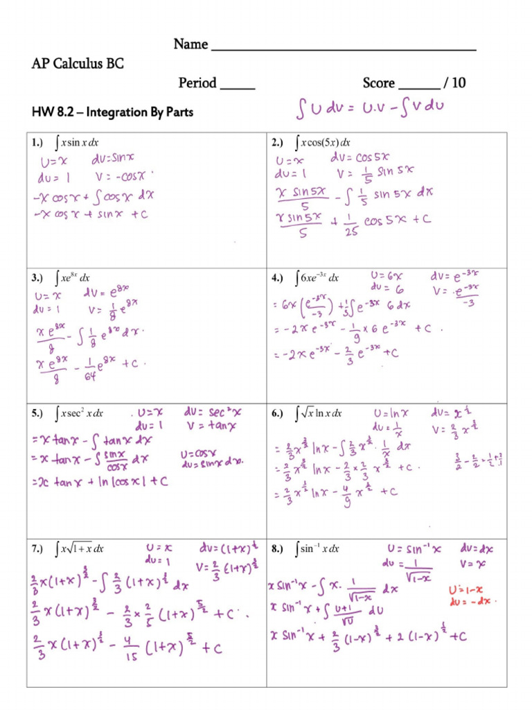 Unit 1 HW 8.2 Integration by Parts | PDF