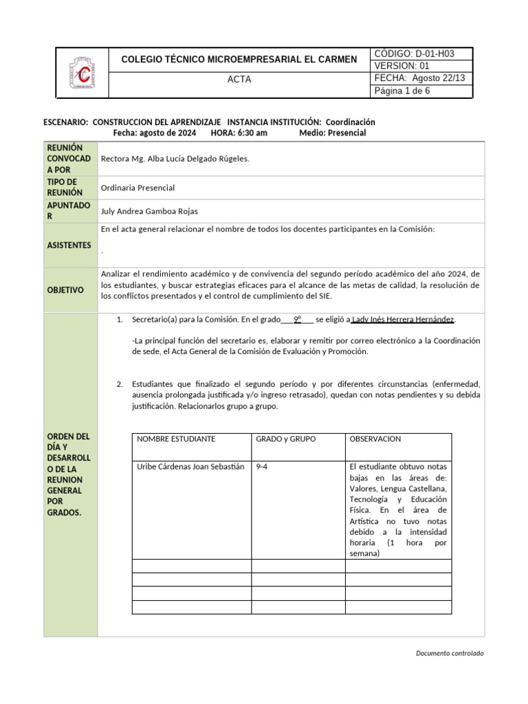 Acta 9 4 Periodo 2 | PDF