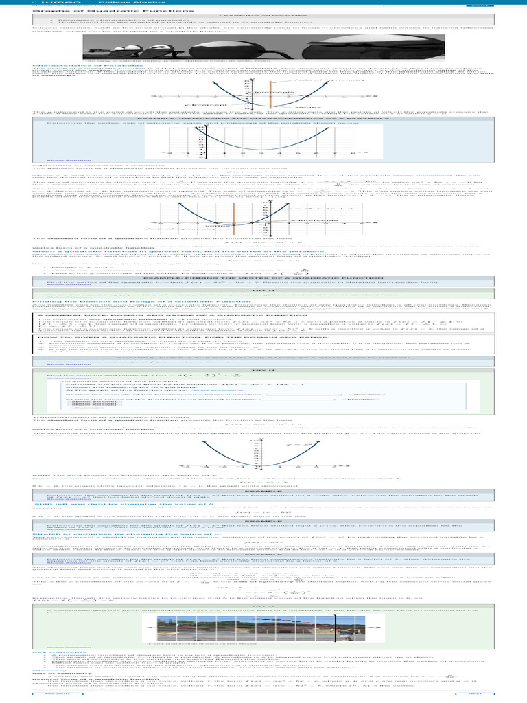 Graphs of Quadratic Functions College Algebra | PDF