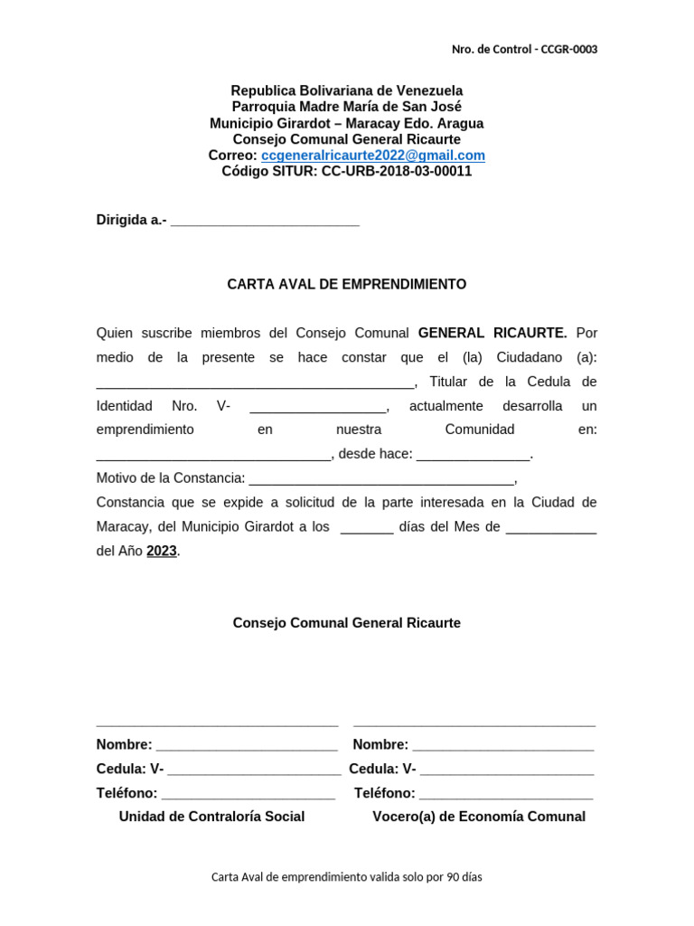 Carta Aval de Emprendimiento | PDF