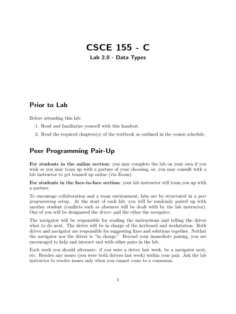 Lab 2 - DataTypes - CSCE 155E | PDF Lab 2 - DataTypes - CSCE 155E | PDF