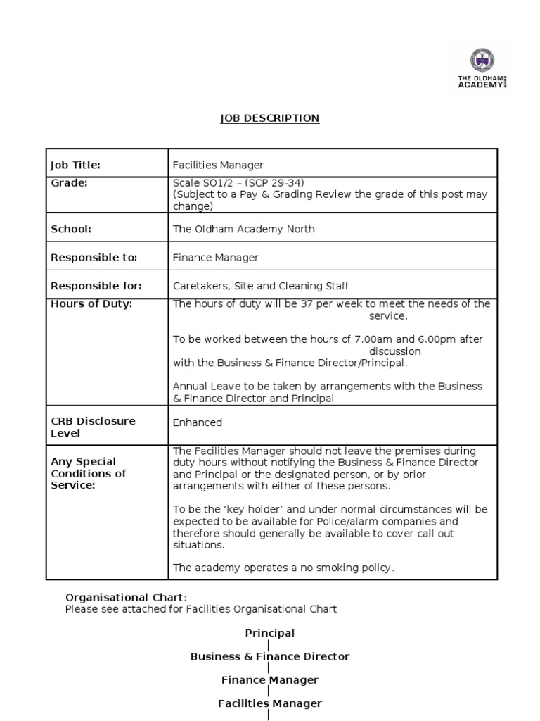 Facilities Manager Job Description | PDF | Occupational Safety And ...