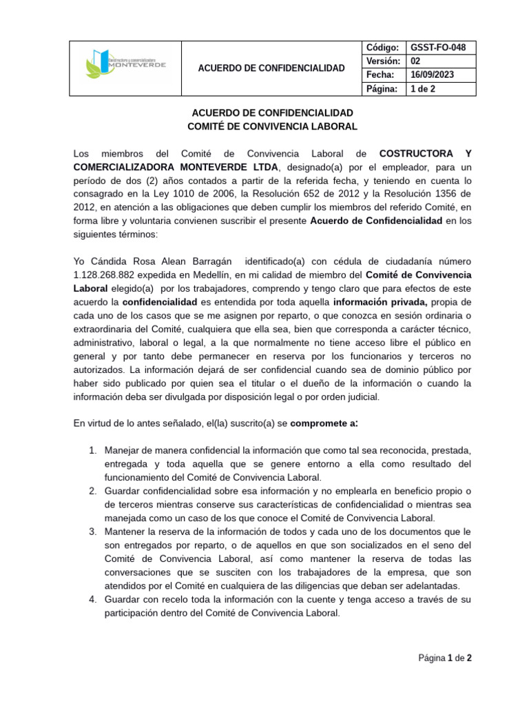 GSST-FO-048 Acuerdo de Confidencialidad ARQ | PDF