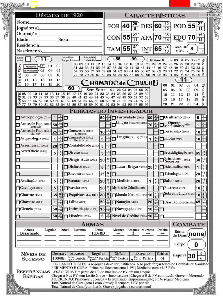 Chamado de Cthulhu - Call of Cthulhu - Ficha Editavel Automatica em Branco | PDF