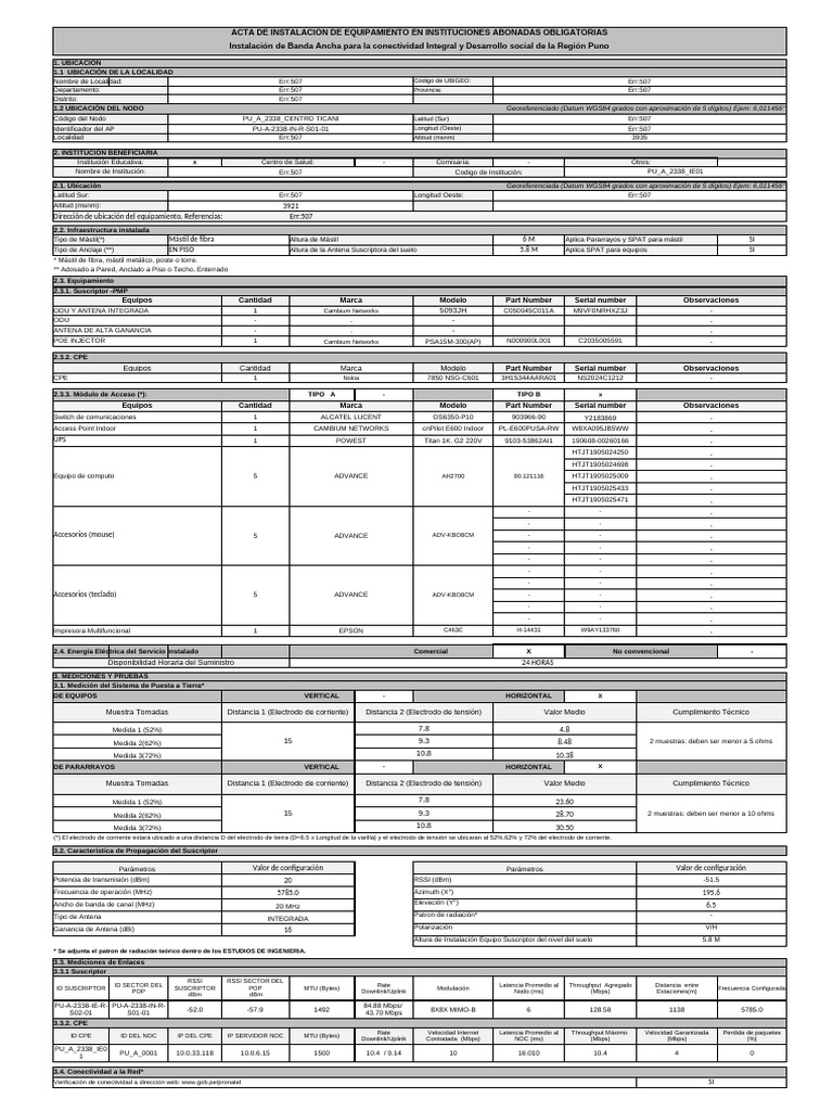 DJJJ y Acta de Instalacion Pu - A - 2338 - Ie01 - Centro Ticani | PDF