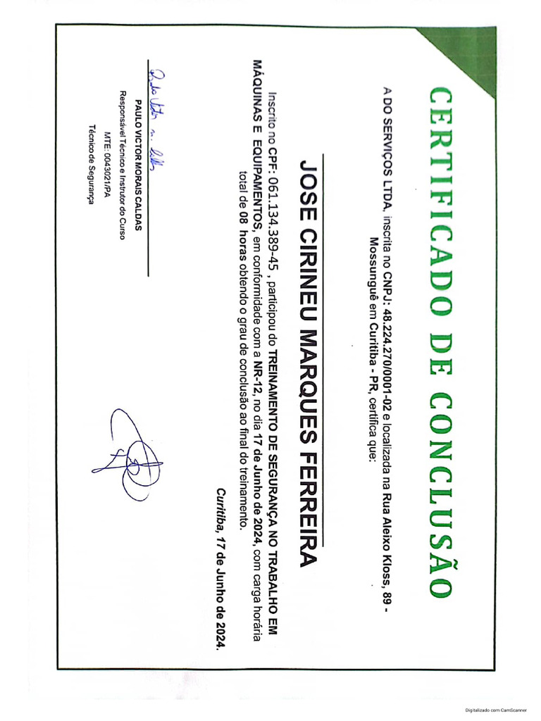 002 Treinamento NR 12 Certificado - Conte Do Com Nome Qualifica o e Assinaturas Dos Instrutores ...