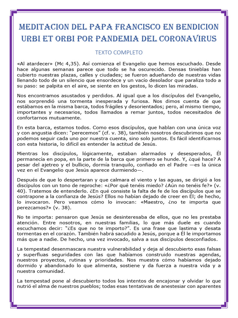 Meditacion Del Papa Francisco en Bendicion Urbi Et Orbi Por Pandemia Del Coronavirus PDF | PDF