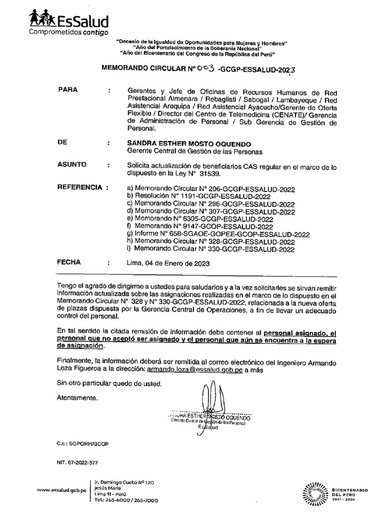 MEMORANDO CIRCULAR N 003-GCGP-ESSALUD-2023 - Informacion Actualizada Beneficiarios Ley 31539 | PDF