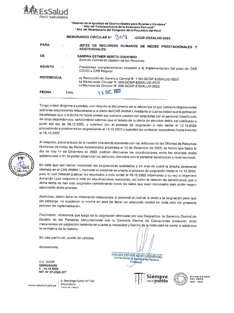 MEMORANDO CIRCULAR N 307-GCGP-ESSALUD-2022 - Ampliacion Plazos Asignacion Cargos CAS Covid | PDF