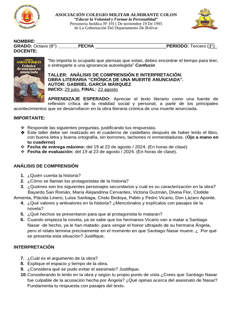 Taller de Análisis: Crónica de una Muerte Anunciada | PDF