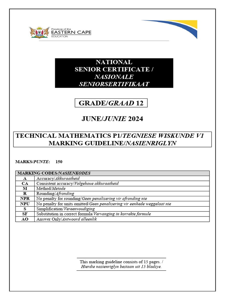 Tech Maths p1 Gr12 Memo June 2024 - English-Afrikaans | PDF