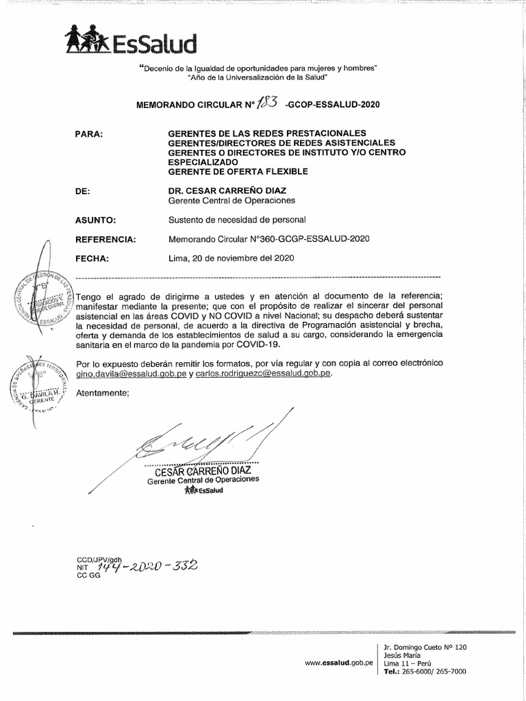 Memorando Circular 183-Gcop-Essalud-2020 | PDF