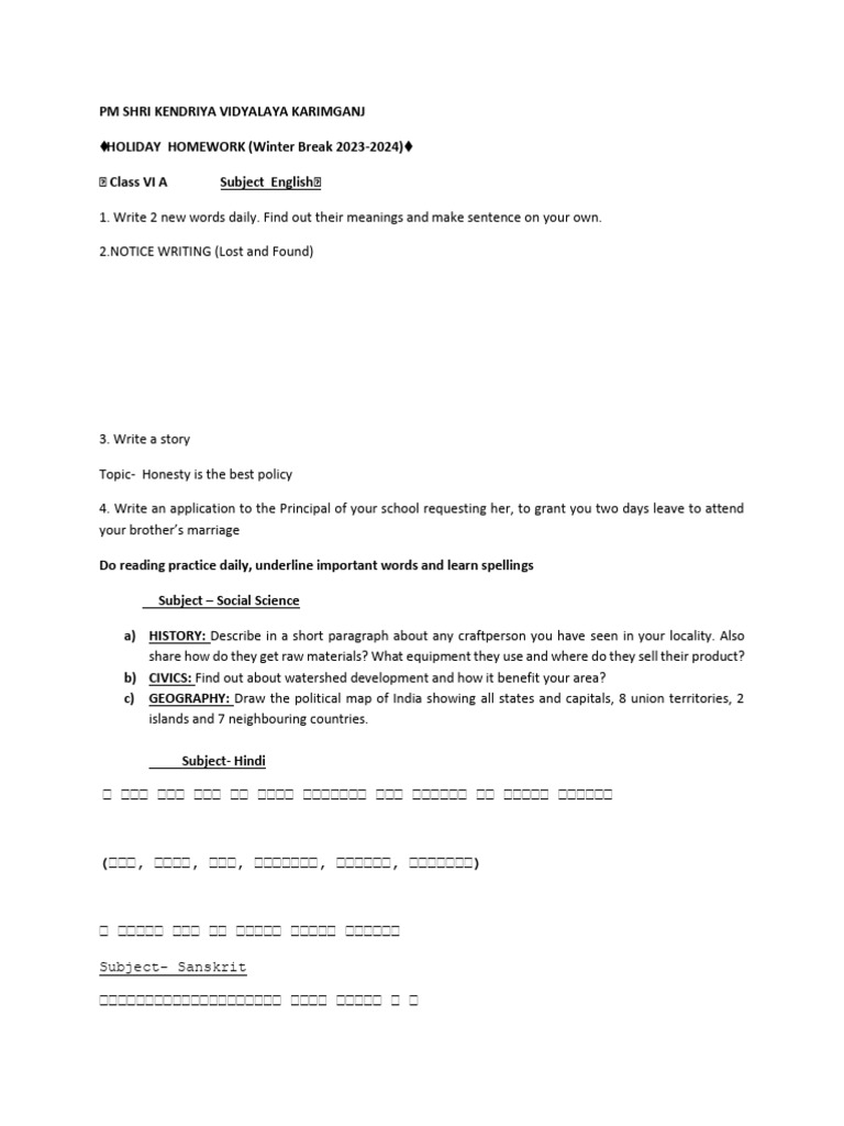 Winter Break Holiday Homework Class 6 A | PDF