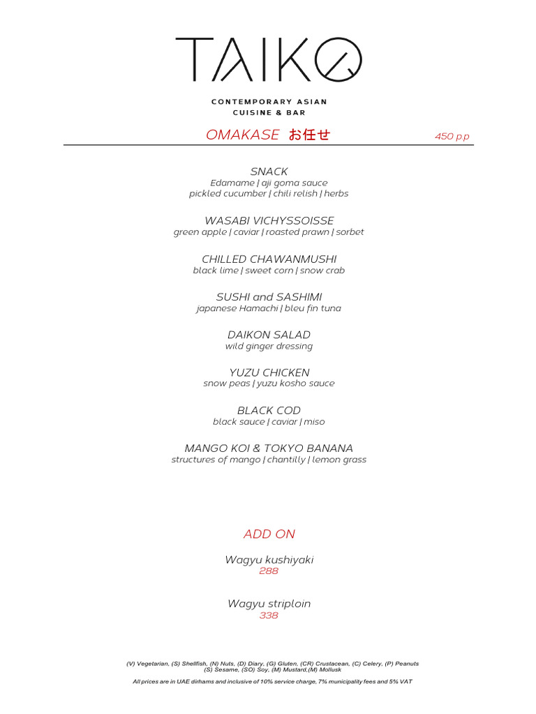 Sofitel Dubai The Obelisk Taiko - Dinner Menu | PDF
