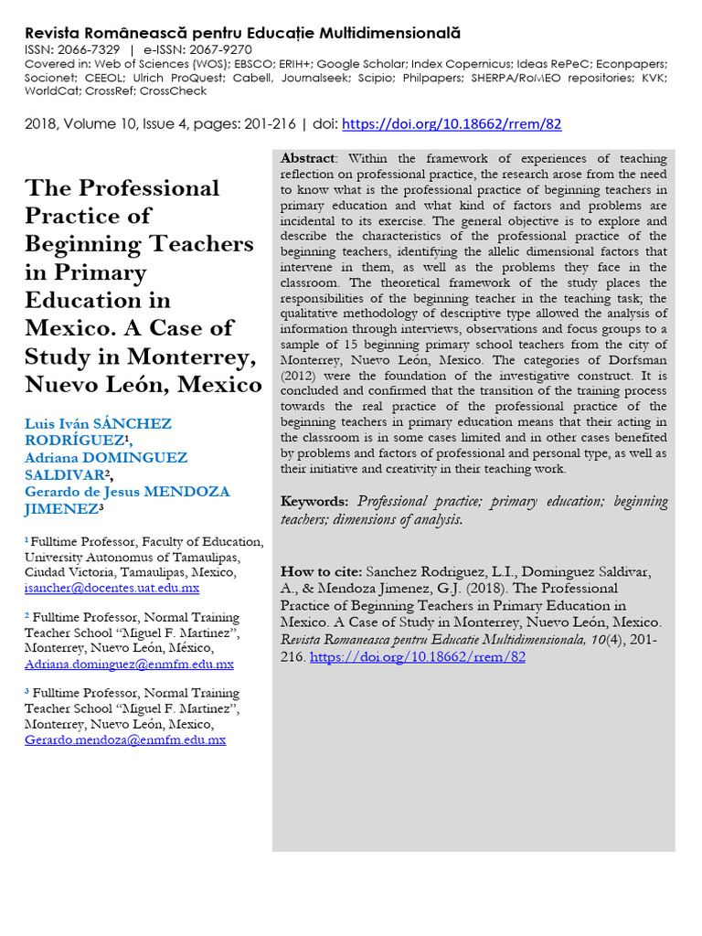 The Professional Practice of Beginning Teachers in Primary Education in Mexico. A Case of Study ...