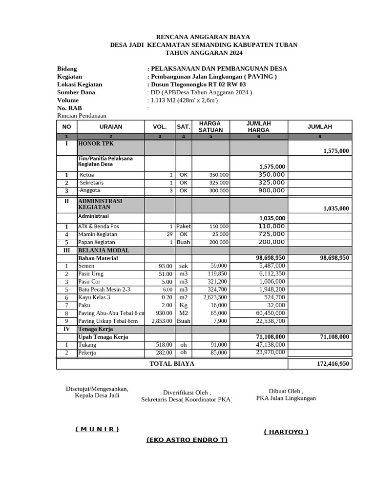 Rab Jaling Paving RT 02 RW 003 Tahun 2024 Pakai Uskup | PDF