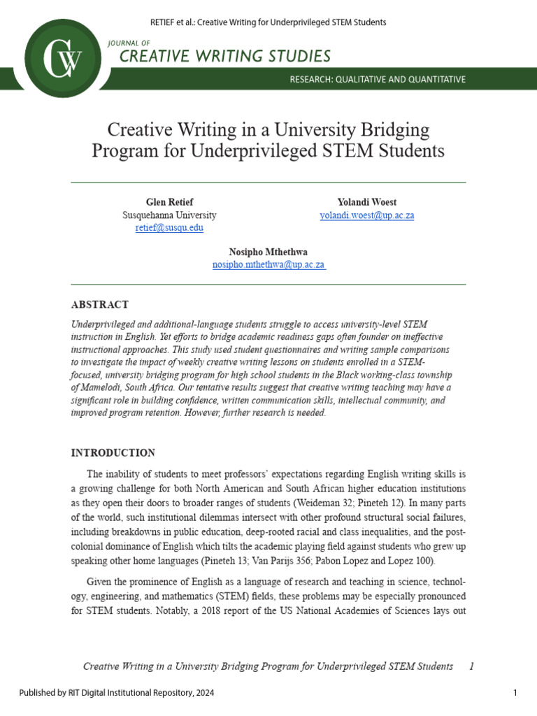 Creative Writing For Underprivileged STEM Students | PDF | Creative Writing | Human Communication