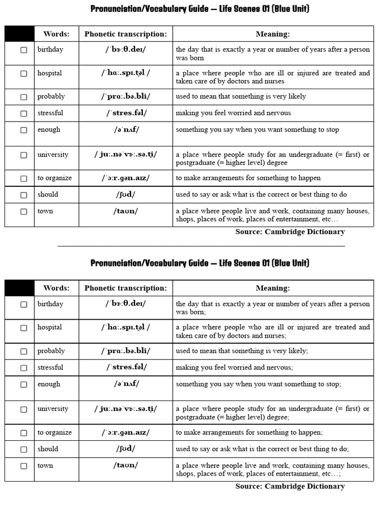 01.1 Lesson - Vocab Guide - Life Scenes 01 | PDF