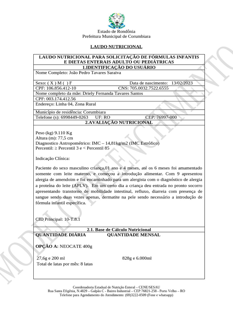 Laudo Nutricional João Pedro | PDF