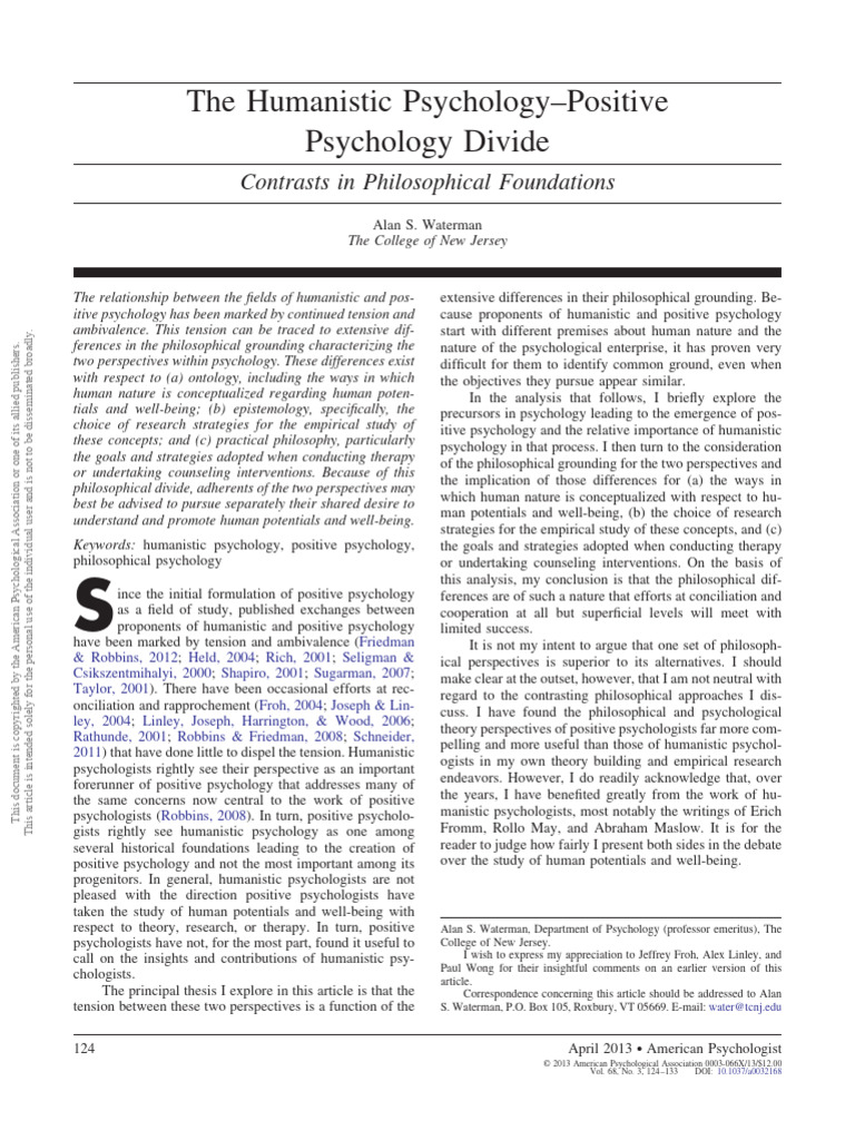 The Humanistic Psychology-Positive Psychology Divide: Contrasts in Philosphical Foundations ...
