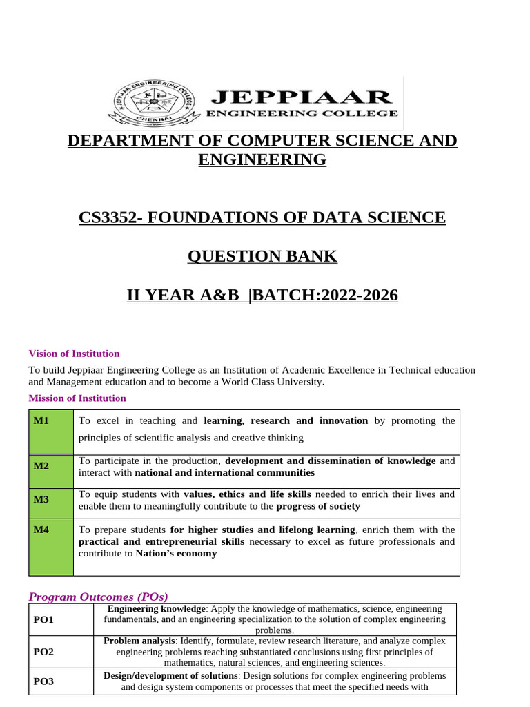 CS3352 Foundations of Data Science | PDF | Regression Analysis | Linear Regression