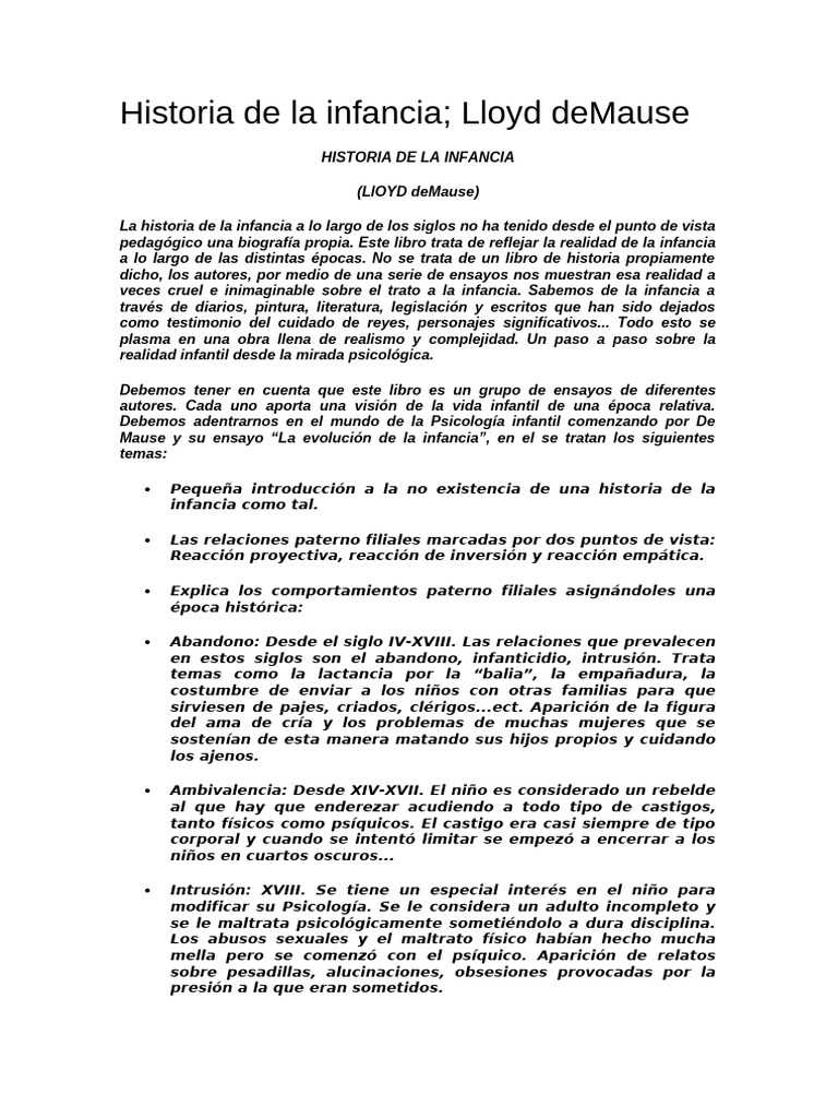 Historia de la infancia; Lloyd deMause (Resumen) | PDF