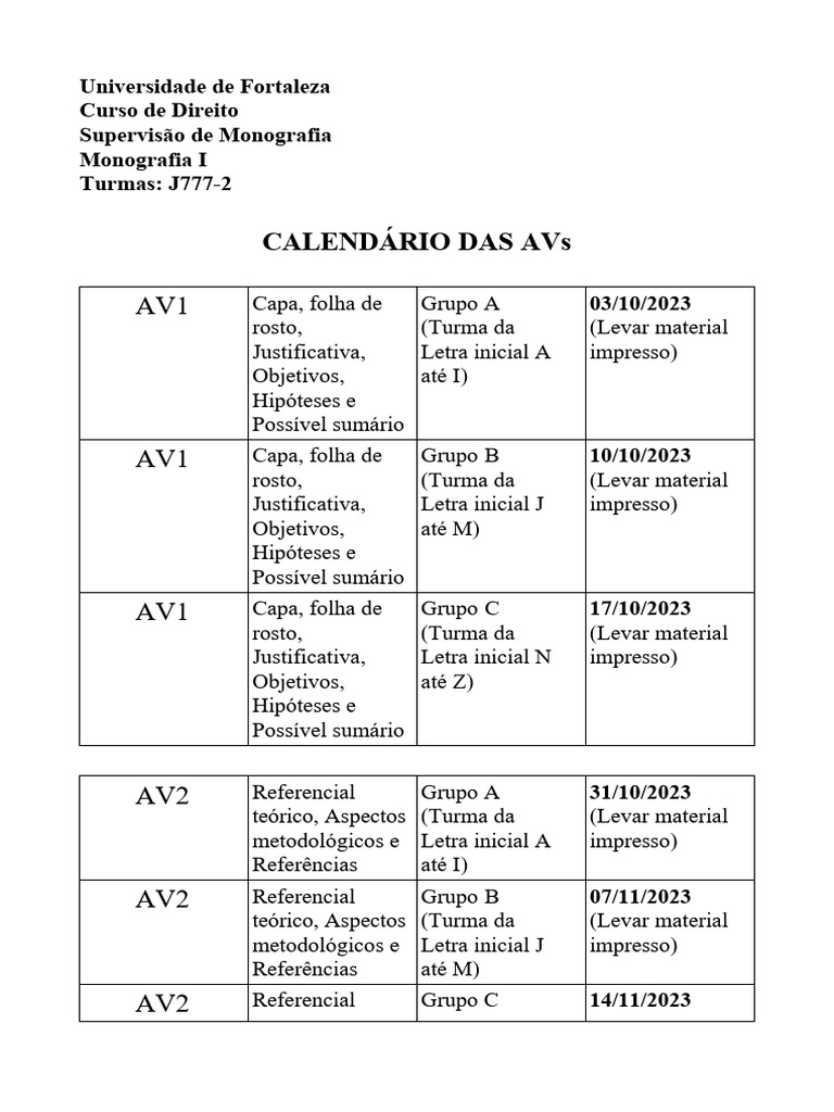 Calendário Das Avs Turma j777-2 2023 | PDF