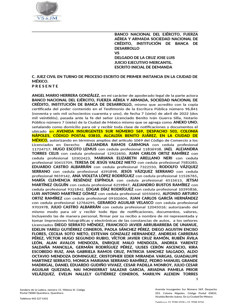 Escrito Inicial de Demanda Ejecutivo Mercantil | PDF | Bancos | México