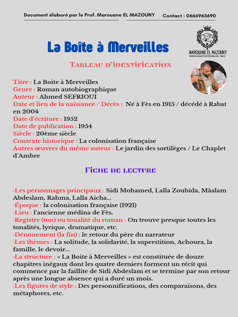 La Boite A Merveilles Resume Integral - Elabore Par Le Prof. Marouane El Mazouny | PDF
