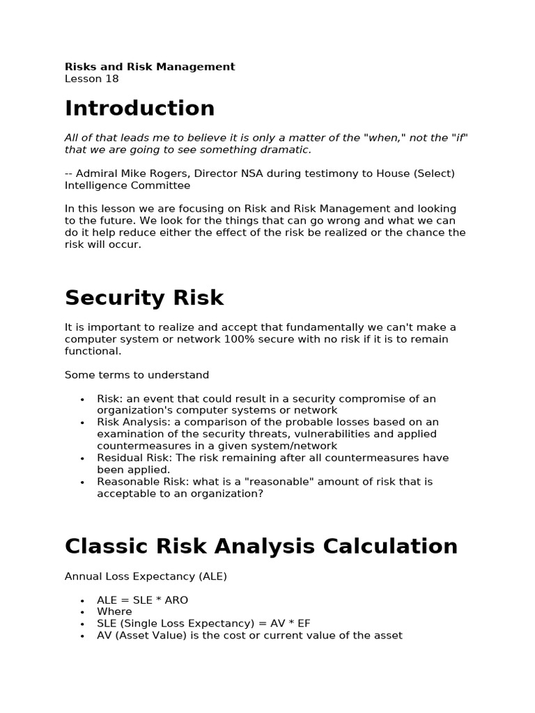 LESSON 18risks and Risk Management | PDF