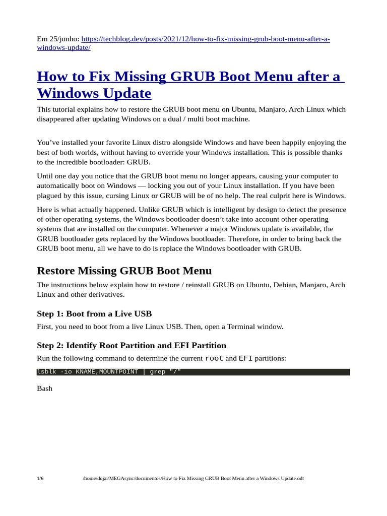 How To Fix Missing GRUB Boot Menu After A Windows Update | PDF ...