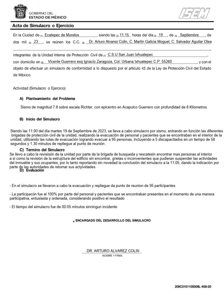 Acta de Simulacro o Ejercicio | PDF
