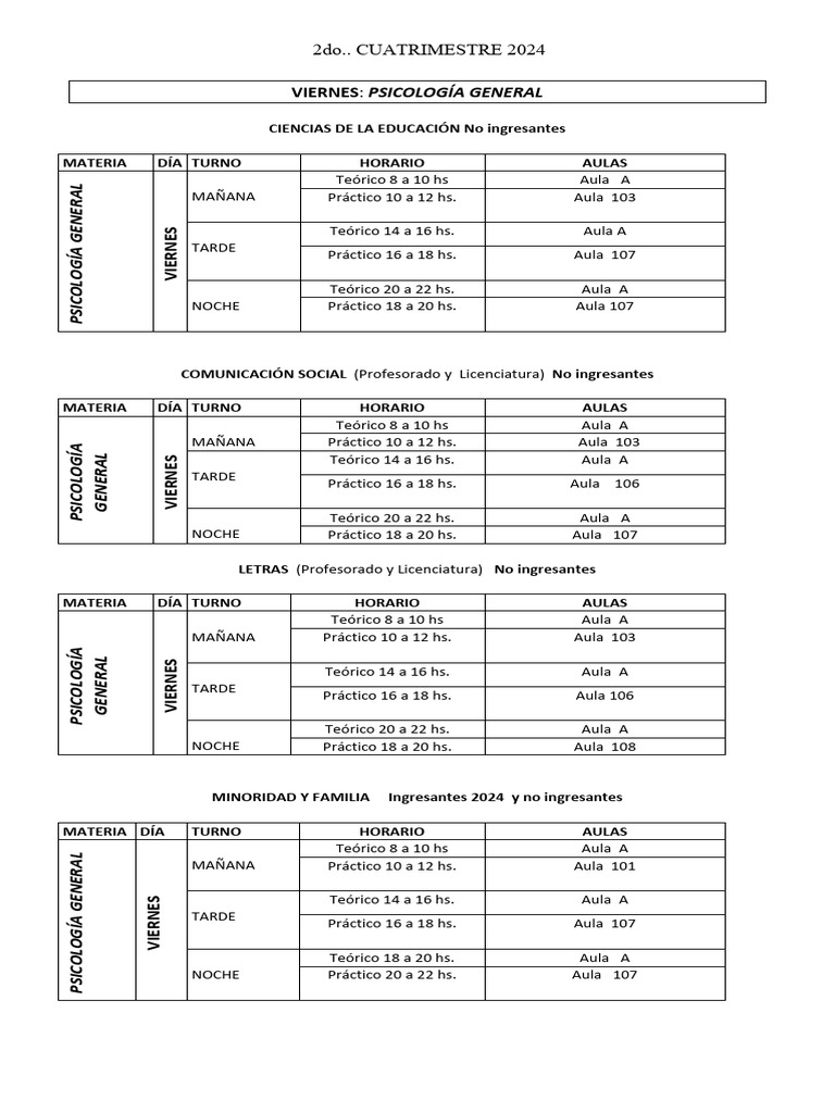 2C Aulas Viernes Materias 1er Ano | PDF