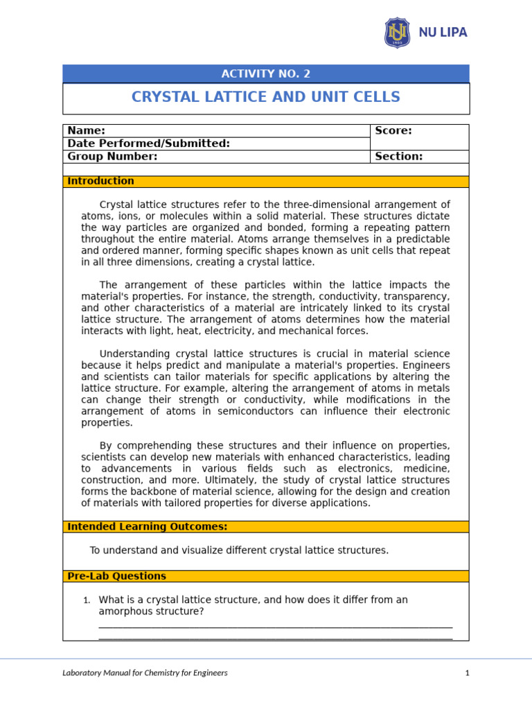 Dry Laboratory Activity 2 - Crystal Lattice and | PDF